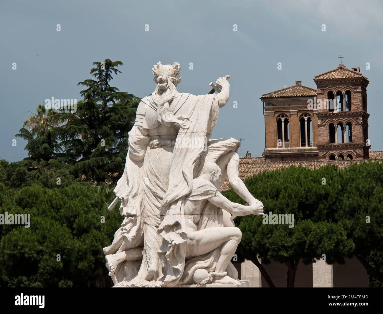 A rear view of the law statue at the Altar of the Fatherland with Saint ...
