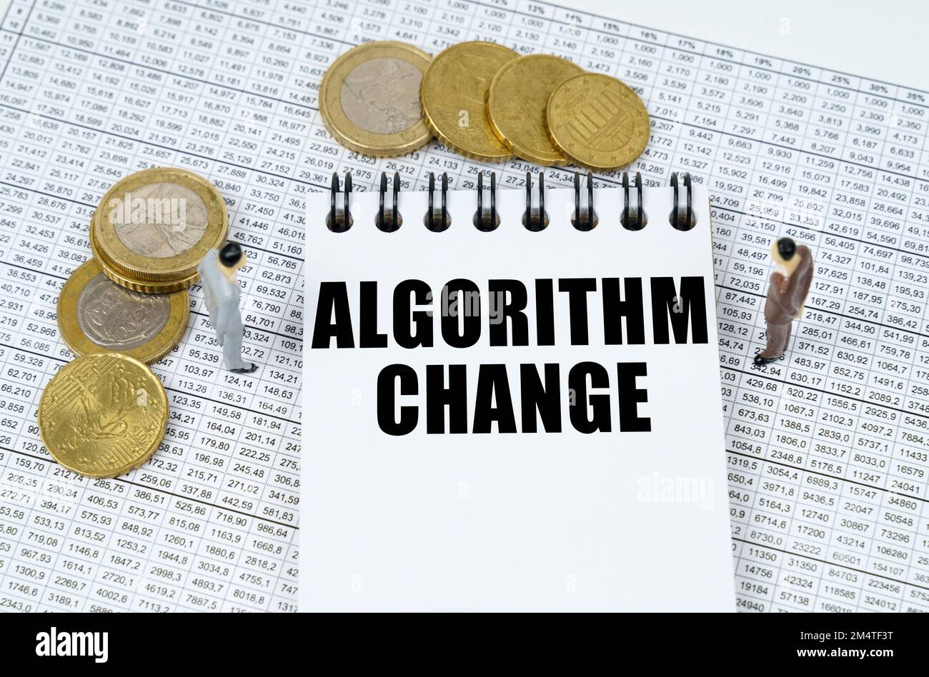 Business and finance concept. On financial reports there are figurines of people, coins and a ...