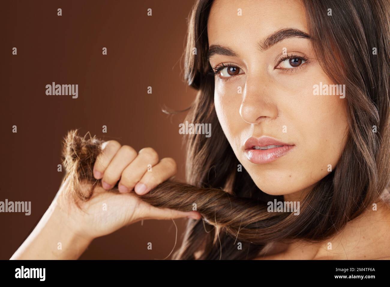 Face portrait, hair care and beauty of woman in studio isolated on a ...
