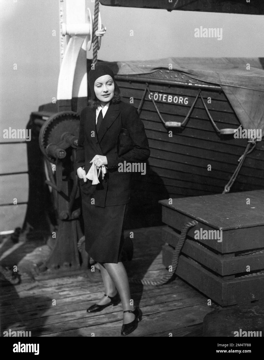 GRETA GARBO candid portrait on ship during trip to Sweden in December ...