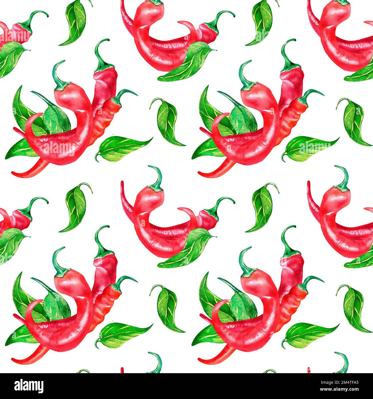 Red chili hot peppers and green leaves watercolor seamless pattern ...