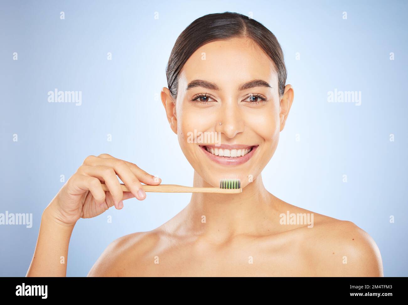 Face portrait, dental and woman with toothbrush in studio isolated on a ...