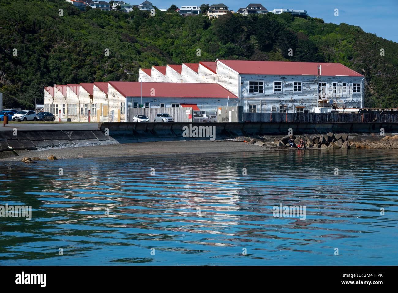 Old ex-military buildings beside harbour, Mirimar, Wellington, North ...