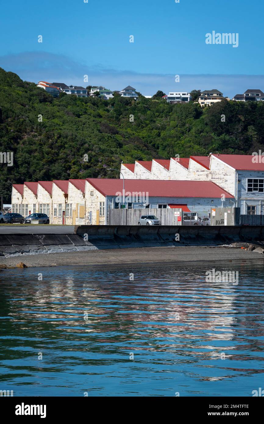 Old ex-military buildings beside harbour, Mirimar, Wellington, North ...