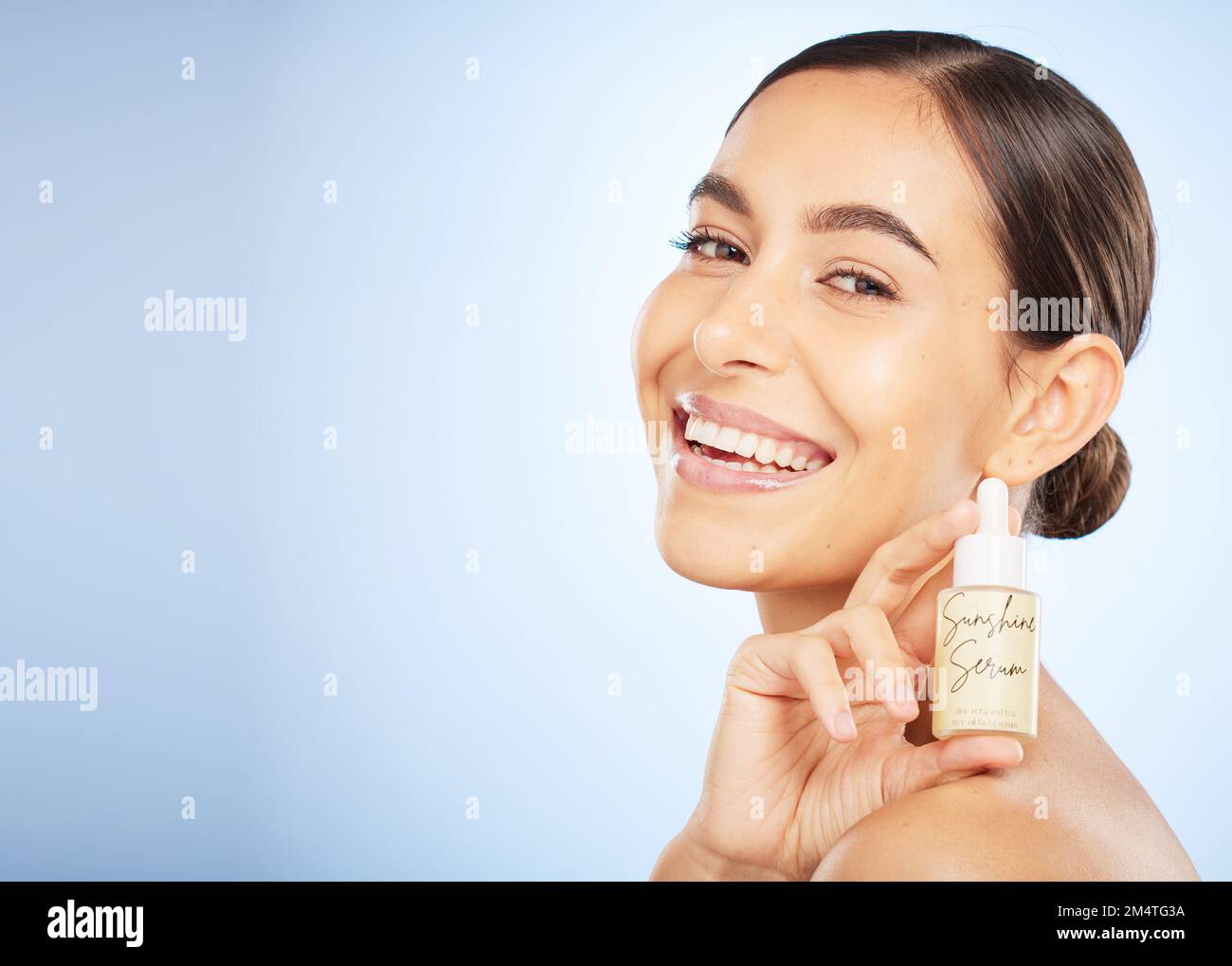 Skincare, beauty and face of woman with serum for skincare products ...