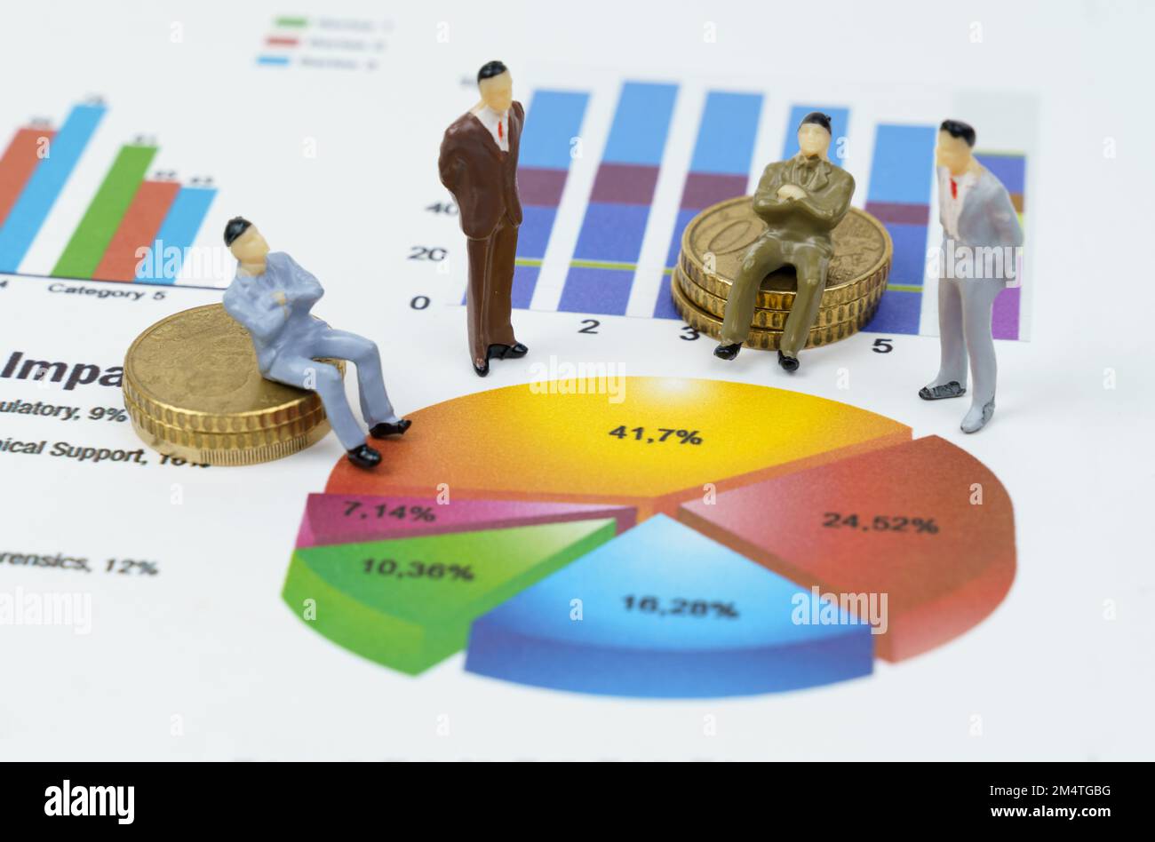 Business concept. On financial charts there are miniature figures of ...