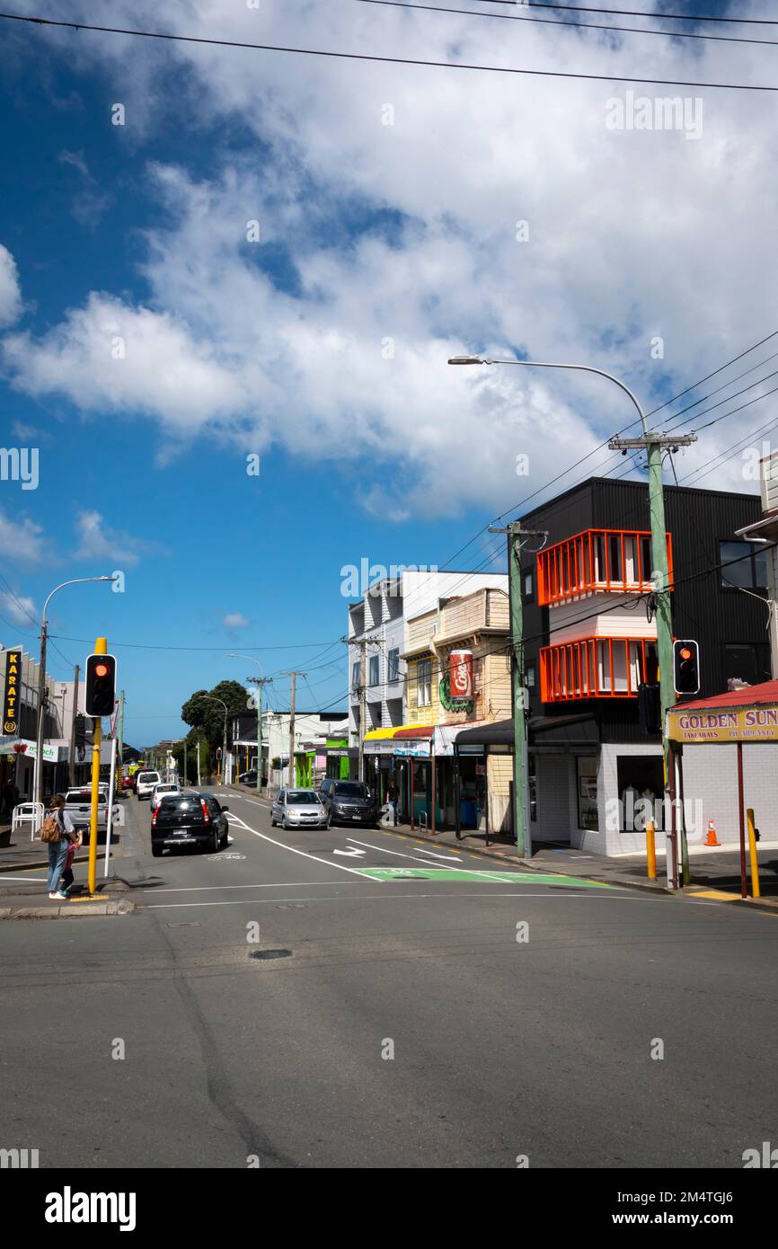 Shopping centre on Adelaide Road, Berhampore, Wellington, North Island ...