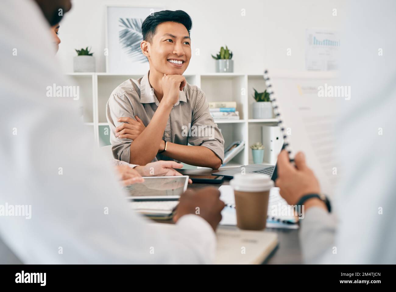 Asian boss, business people and documents in negotiation, contract or ...