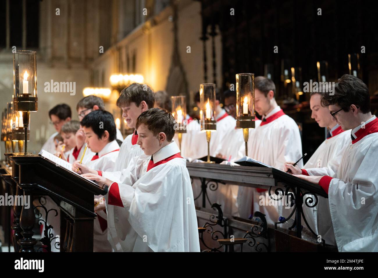 Choristers from the Choir of King's College, Cambridge make notes on ...