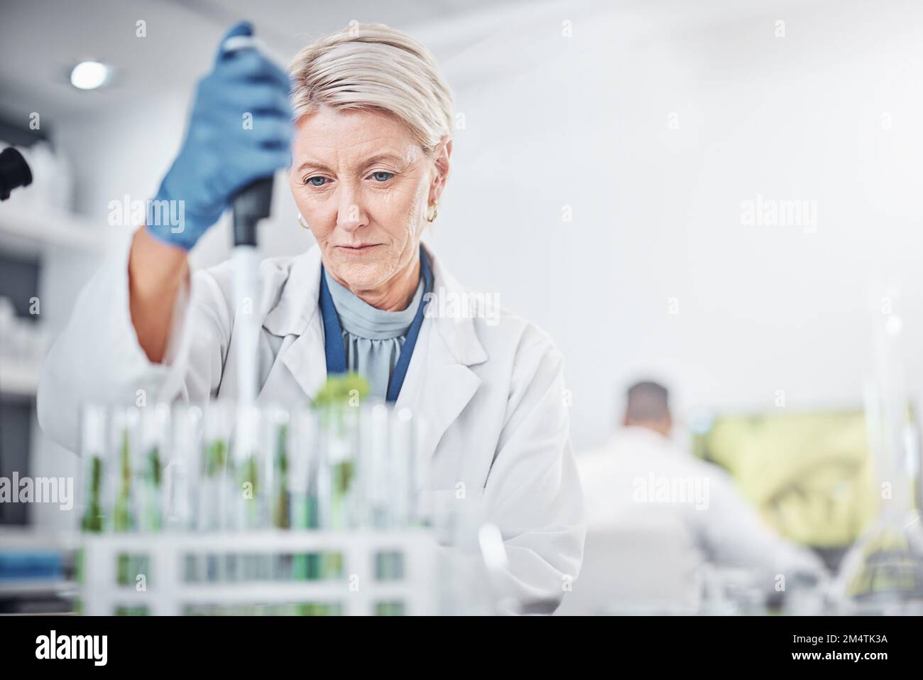Scientist woman, laboratory and test tube with plants, research and ...