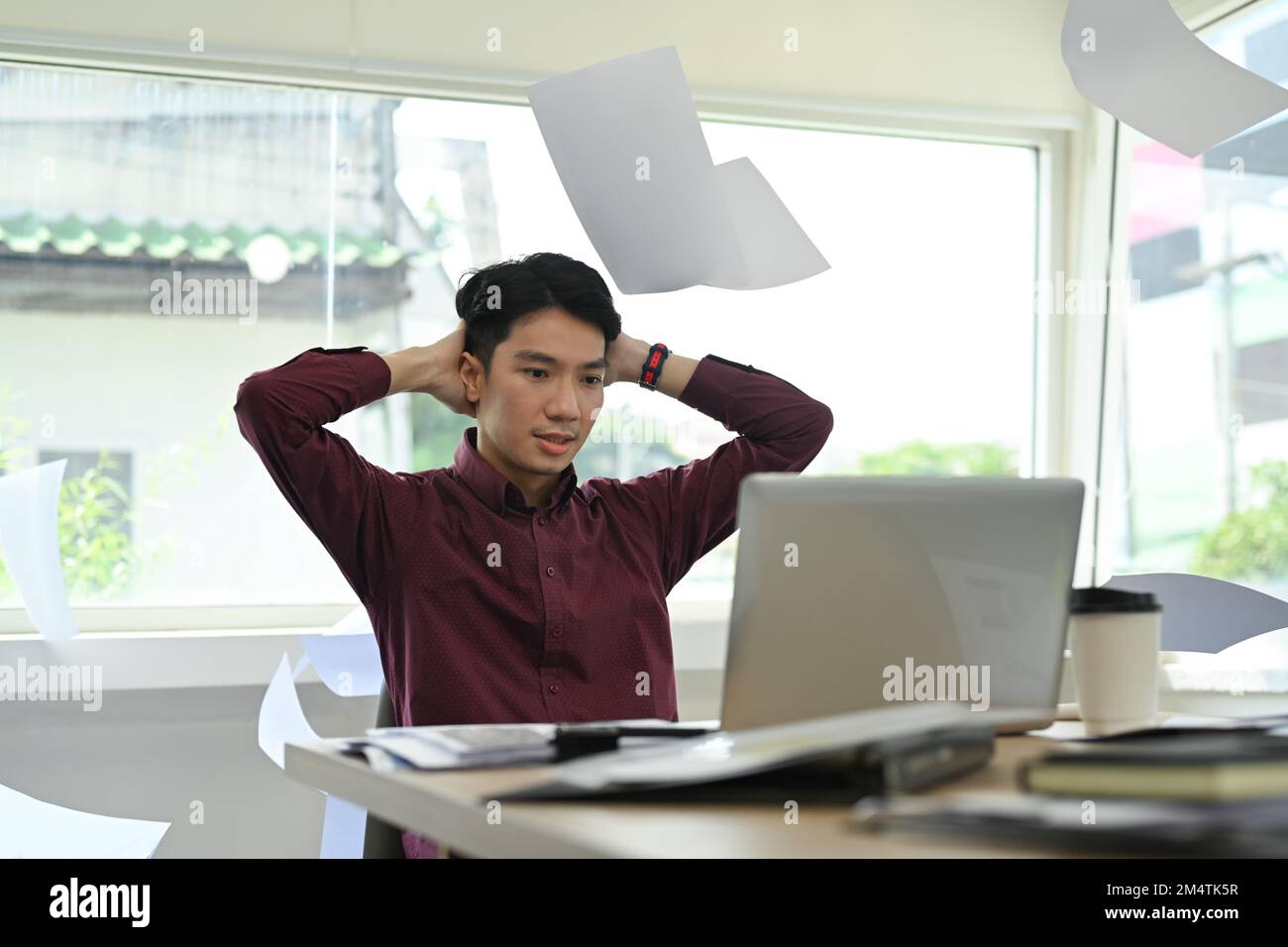 Image of stressed man office worker feeling distressed anxious with ...