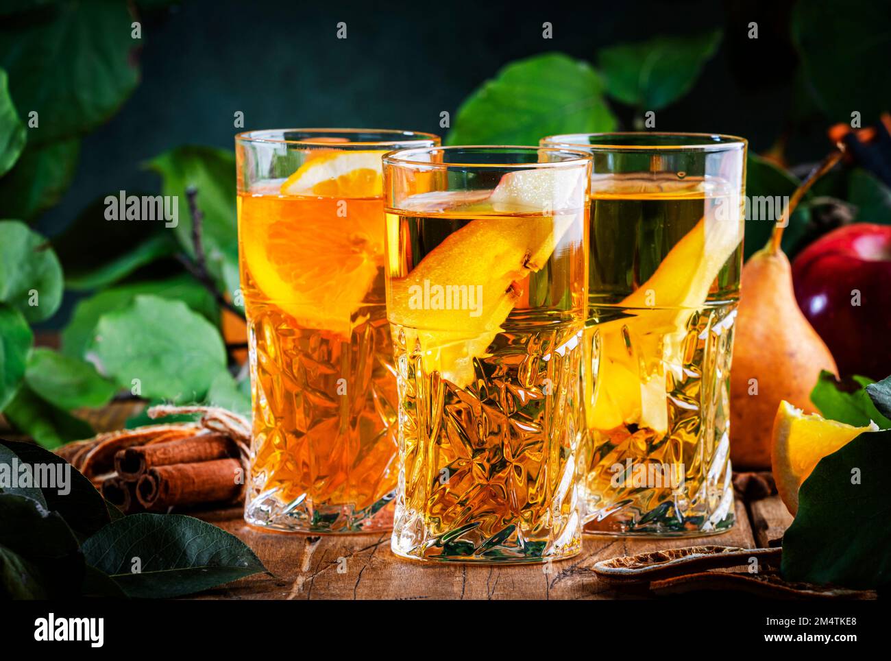 Cider glasses: apple, pear and orange drinks. Fermented low alcohol ...