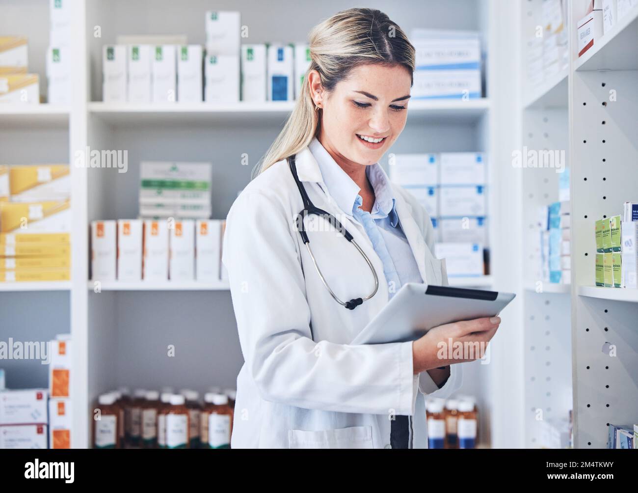 Pharmacy, tablet and pharmacist with checklist, research or online ...