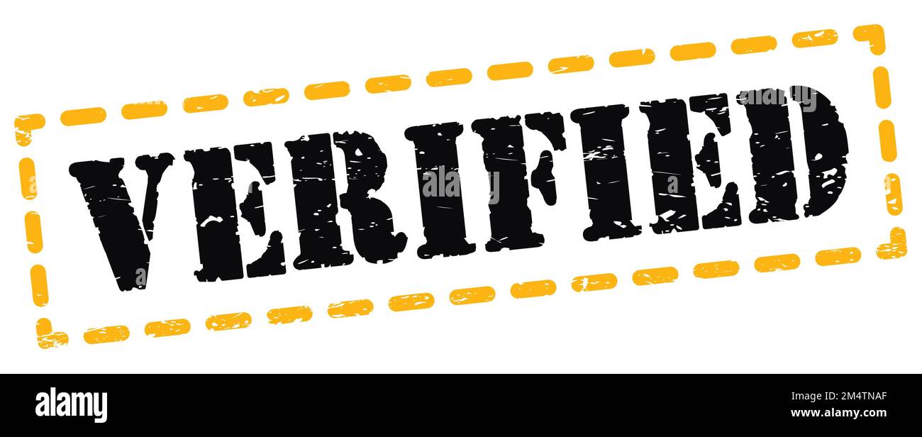 VERIFIED text written on yellow-black dash stamp sign Stock Photo - Alamy