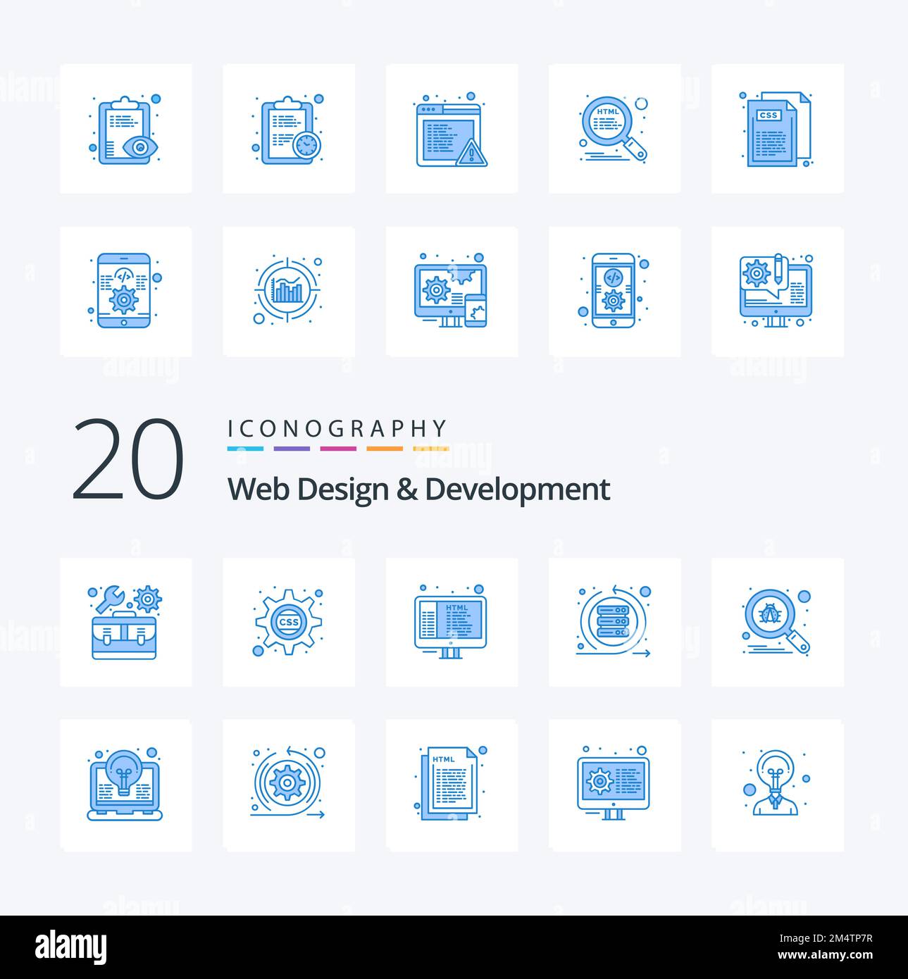 20 Web Design And Development Blue Color Icon Pack Like Bug Sprint Code Scrum Agile Stock Vector