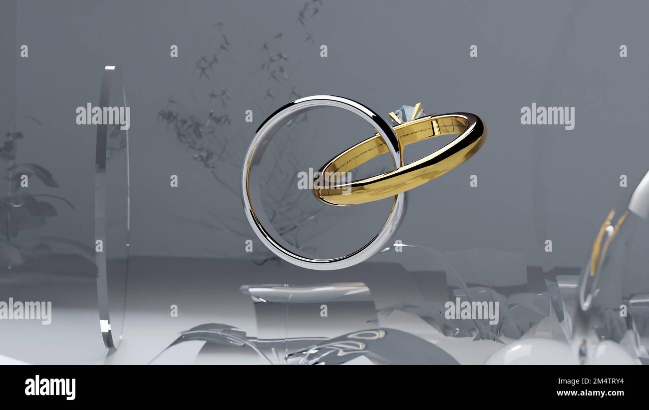 3d illustration of two gold wedding rings on abstract background ...