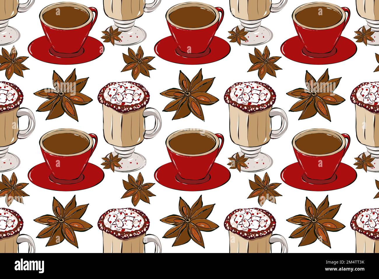 Hot drink seamles pattern. Coffee shop collection. Cups of coffee with ...