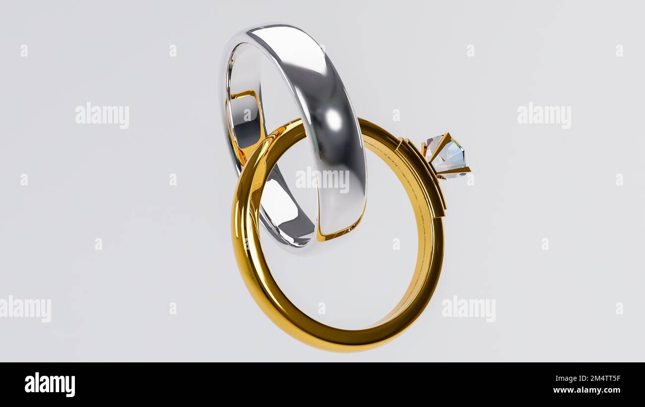 3d illustration of two gold wedding rings on abstract background ...