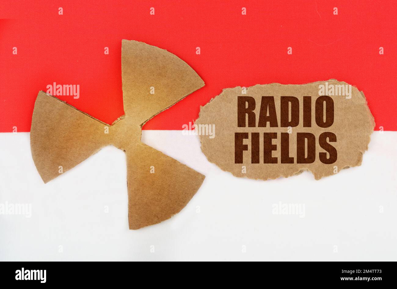 The concept of industry and radiation. On the flag of Indonesia, the symbol of radioactivity and ...