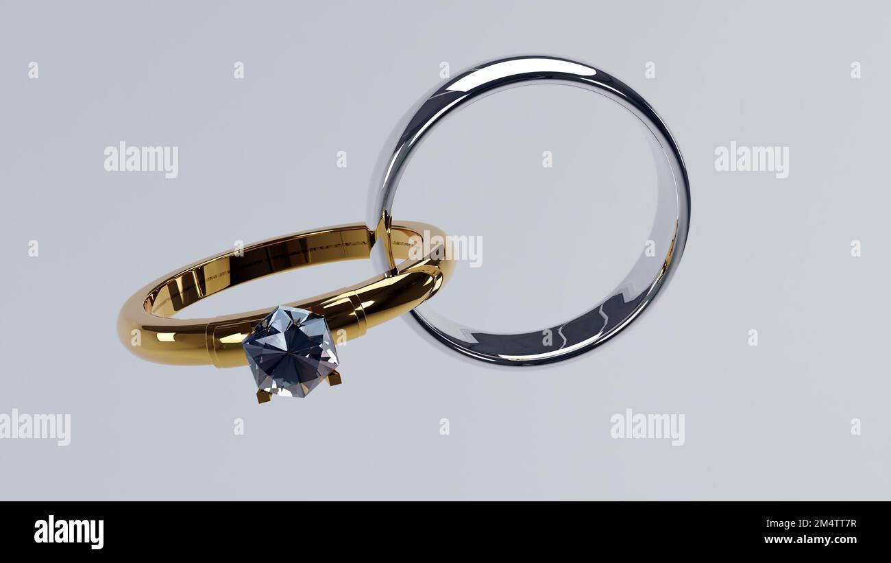 3d illustration of two gold wedding rings on abstract background ...