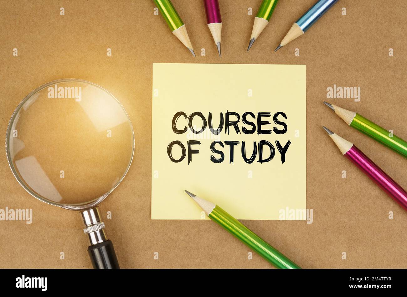 Education concept. On the table are pencils, a magnifying glass and a ...