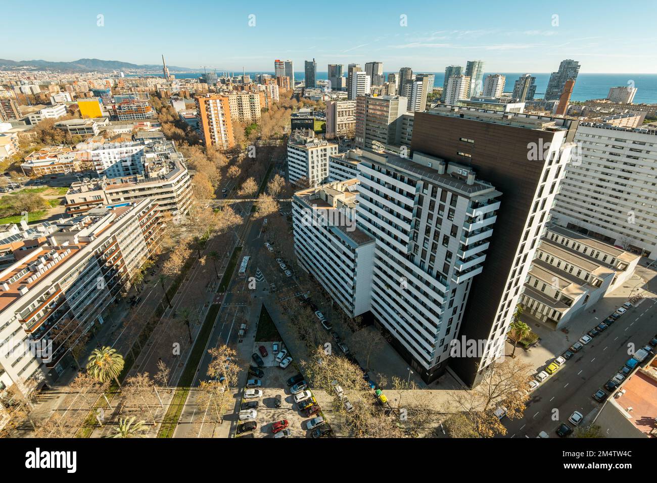 Aerial view of the residential area of Diagonal Mar in Barcelona Spain ...