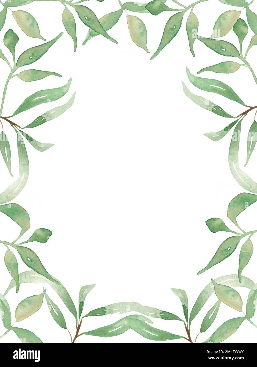 Watercolor hand painted greenery frame. Foliage wreath clipart. Green ...