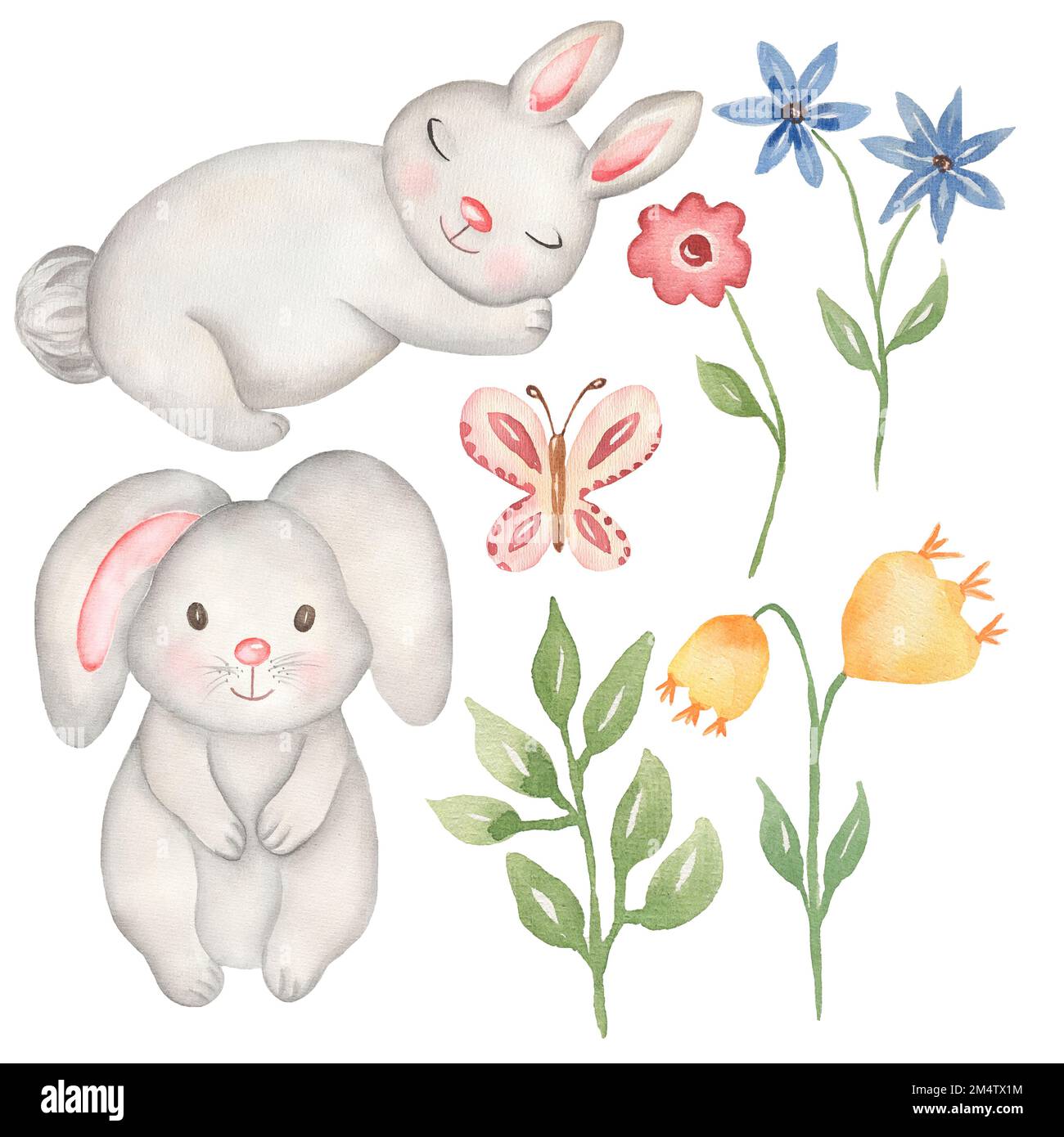 Watercolor easter baby bunny set. spring holiday - flower element ...