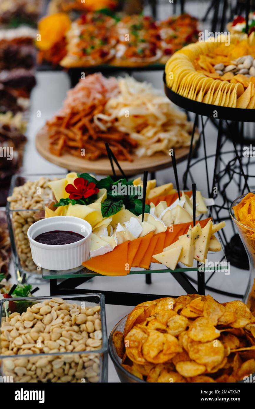 Buffet table of reception with cold snacks, meat and salads Stock Photo ...