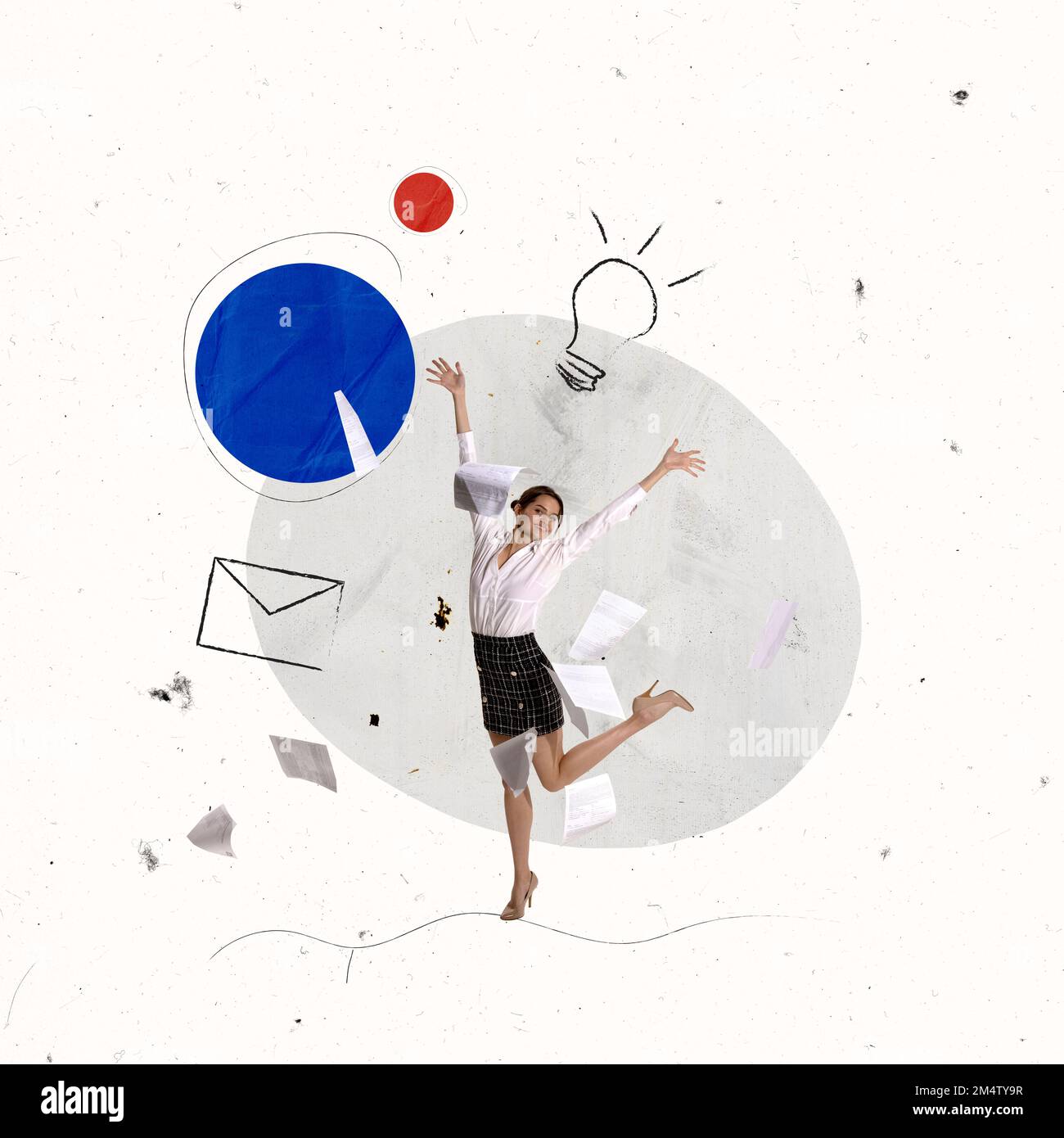 Contemporary art collage. Conceptual design. Happy woman, employee ...