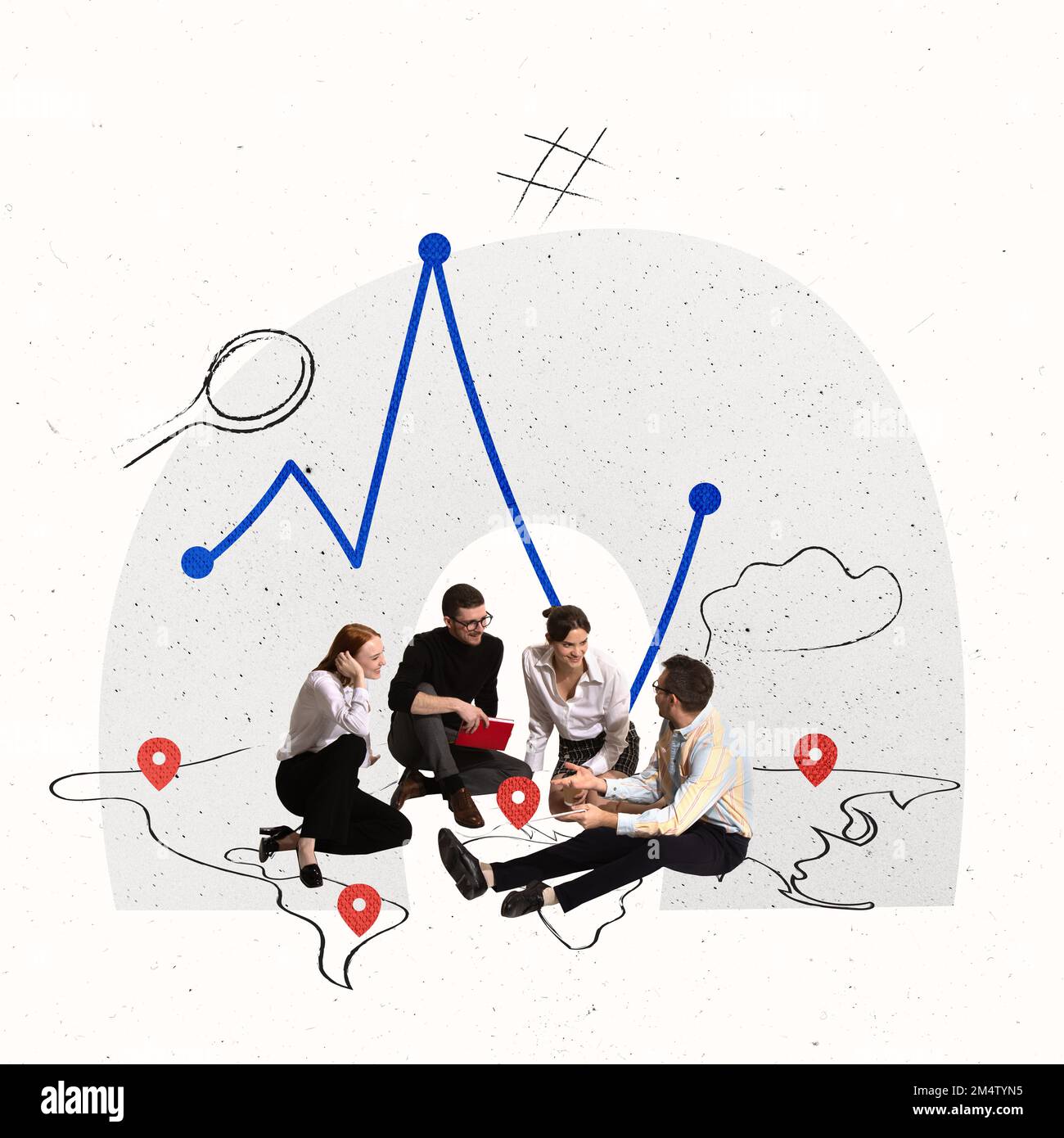 Contemporary art collage. Conceptual design. Employees working together ...