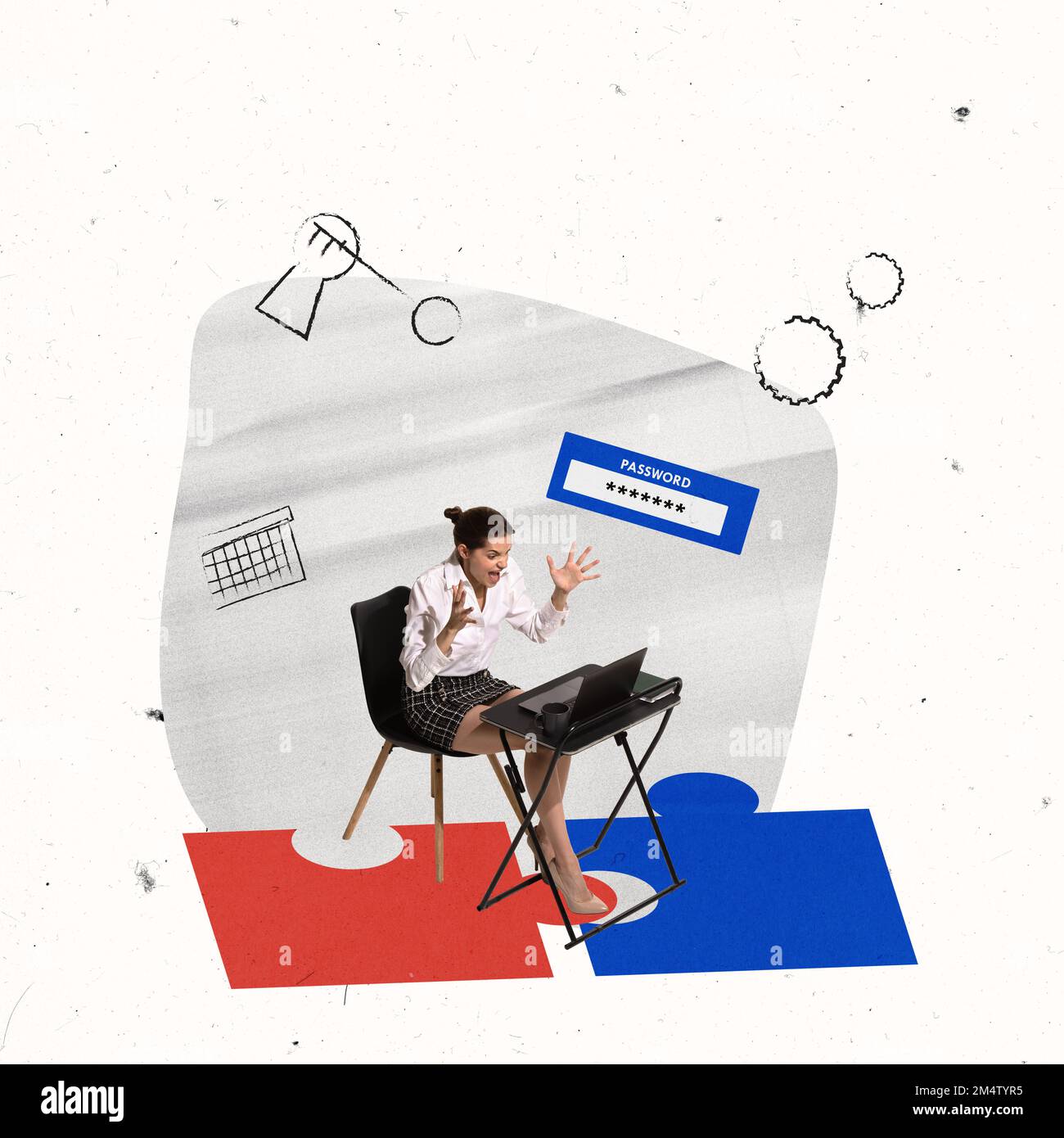 Contemporary Art Collage Conceptual Design Irritated Woman Employee Typing Wrong Computer