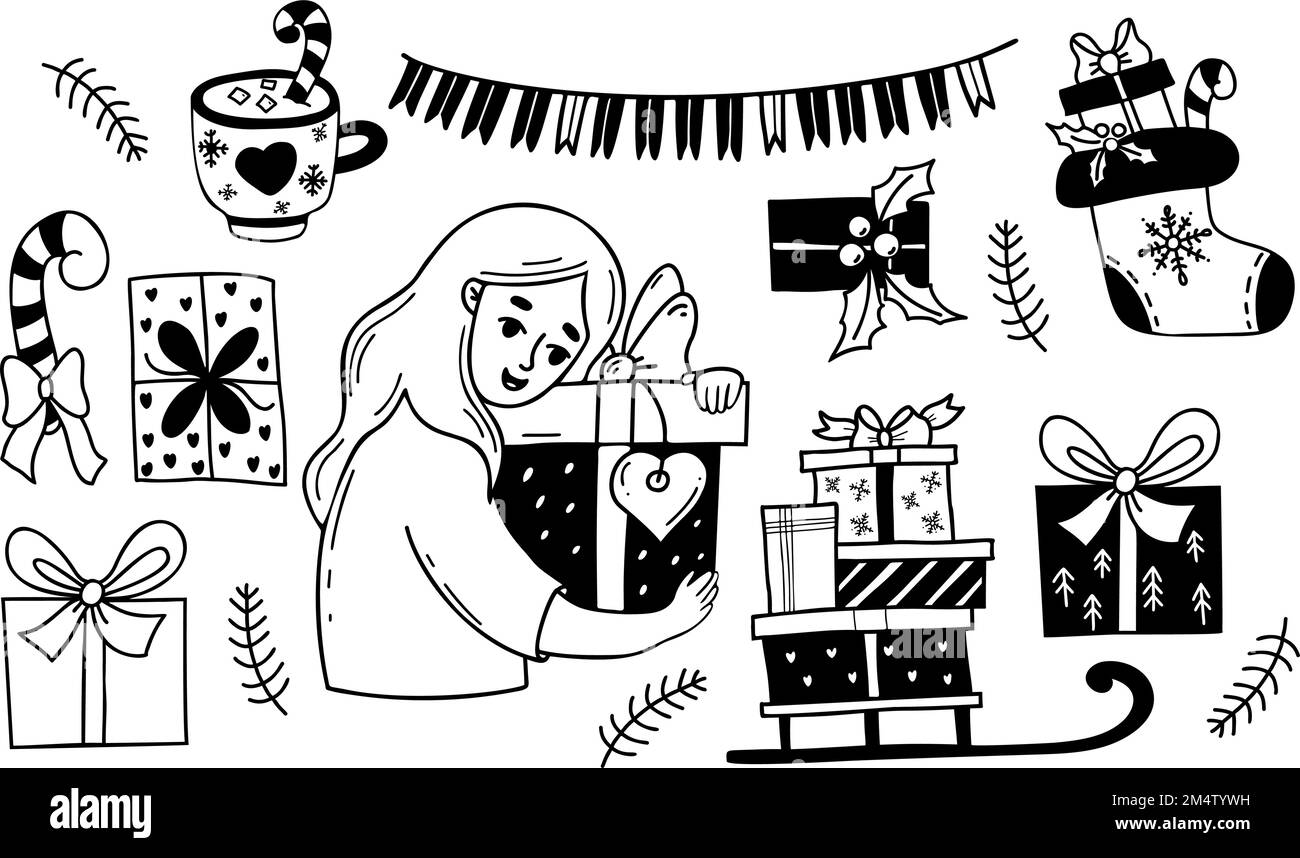 Collection happy woman with gifts, sleigh, christmas boot, dessert cup ...