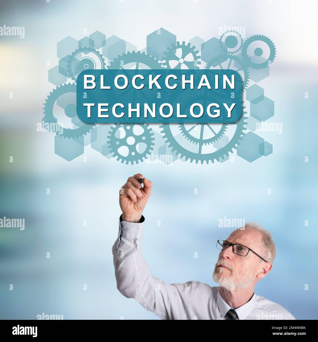Blockchain technology concept drawn by a businessman Stock Photo - Alamy