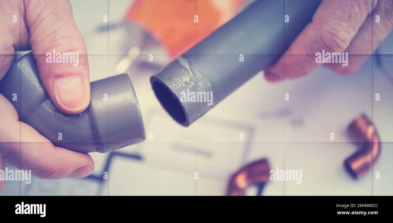 Plumber joining pvc pipe and fitting, geometric pattern Stock Photo - Alamy