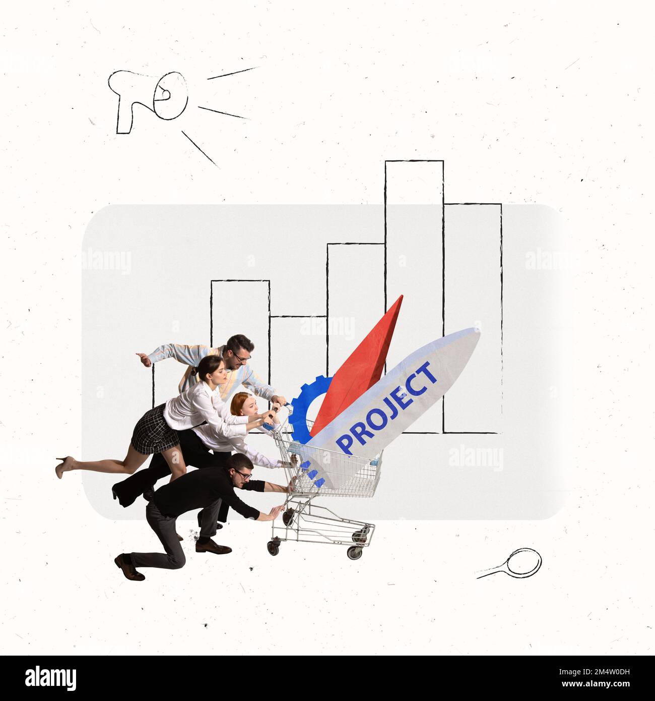 Contemporary art collage. Conceptual design. Well-coordinated teamwork ...