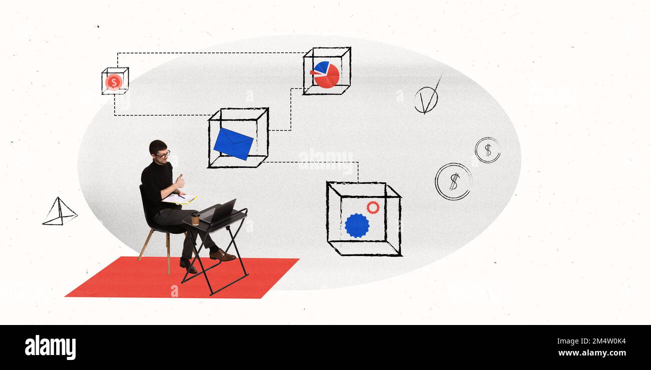 Contemporary art collage. Conceptual design. Employee working, having ...