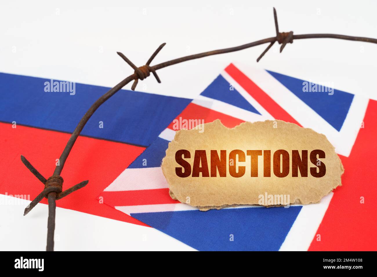 Political concept. On the flags of Great Britain and Russia there is a ...