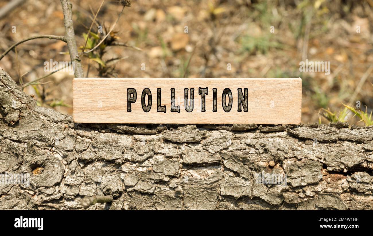 Pollution word. Background log written on wooden frame. Nature and life ...