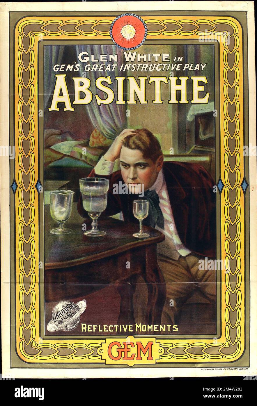 An absinthe addict eyeing three glasses on a table; advertisement for ...