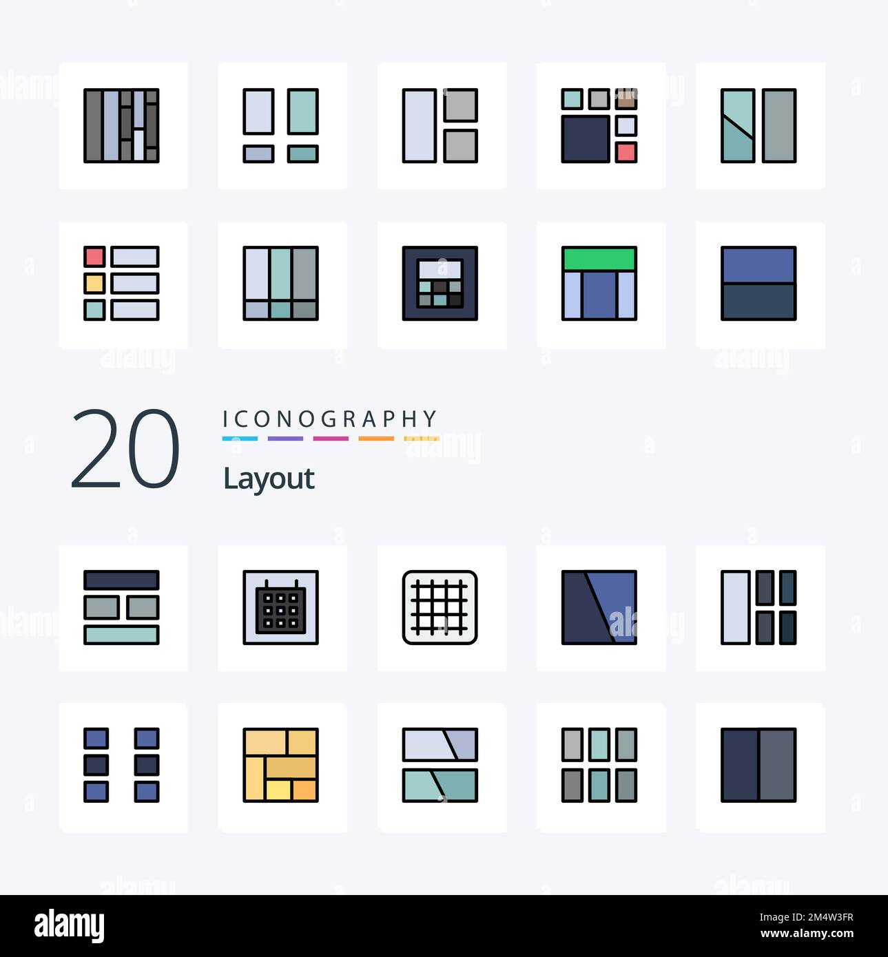 20 Layout Line Filled Color icon Pack like interface collage image layout wireframe Stock Vector ...