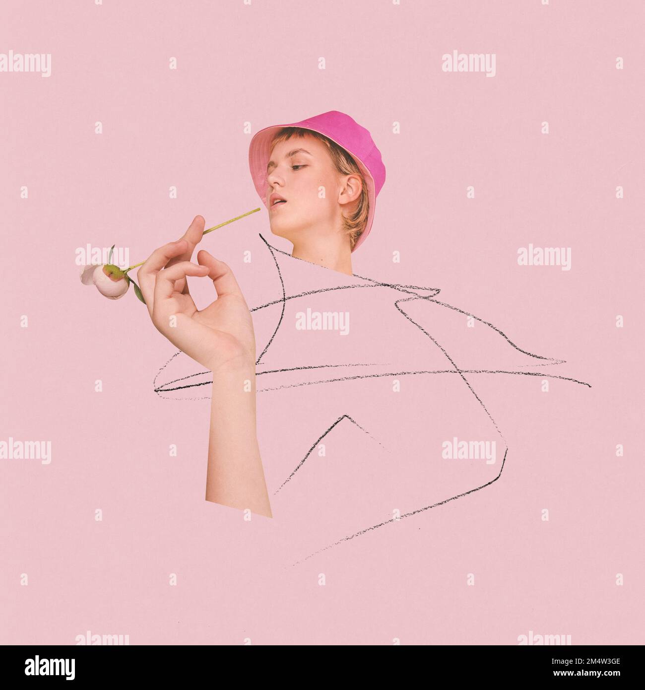 Spring vibes. Contemporary art collage with stylish young girl head ...