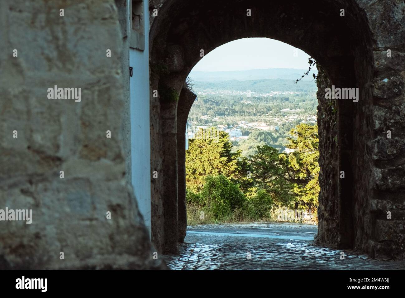 The old streets of traditional medieval Ourem village in Portugal Stock ...