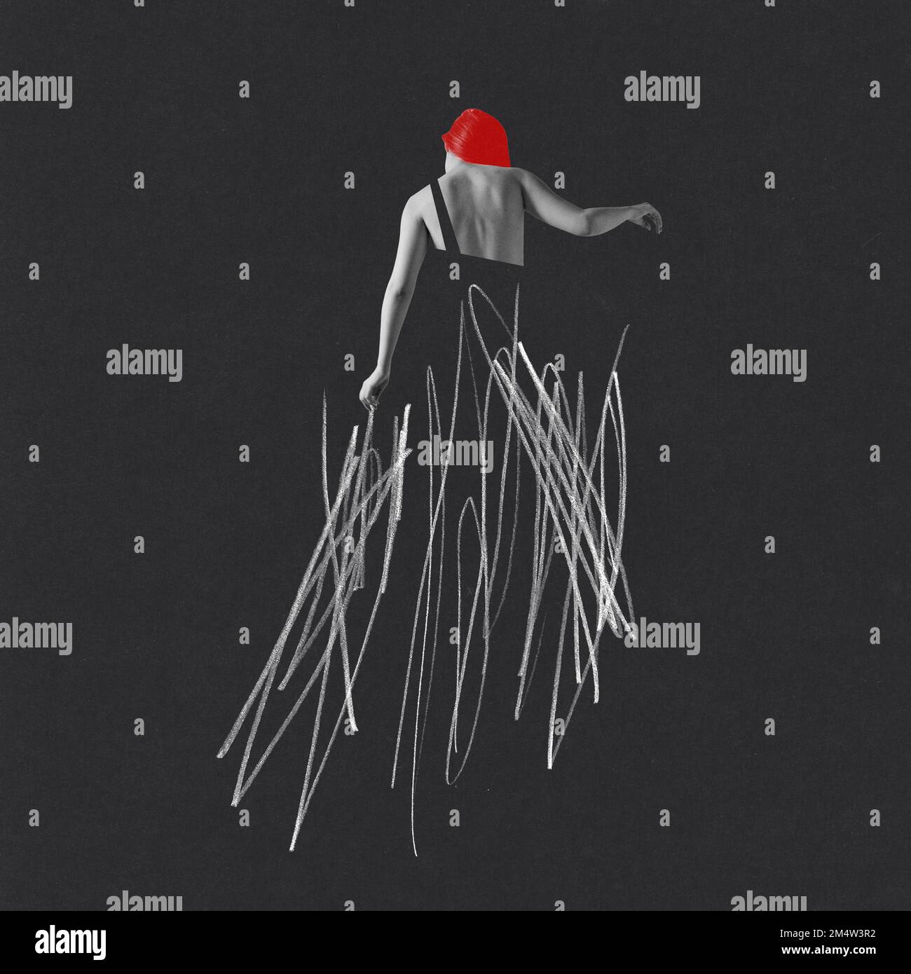 Contemporary art collage with silhouette of girl going away over dark ...