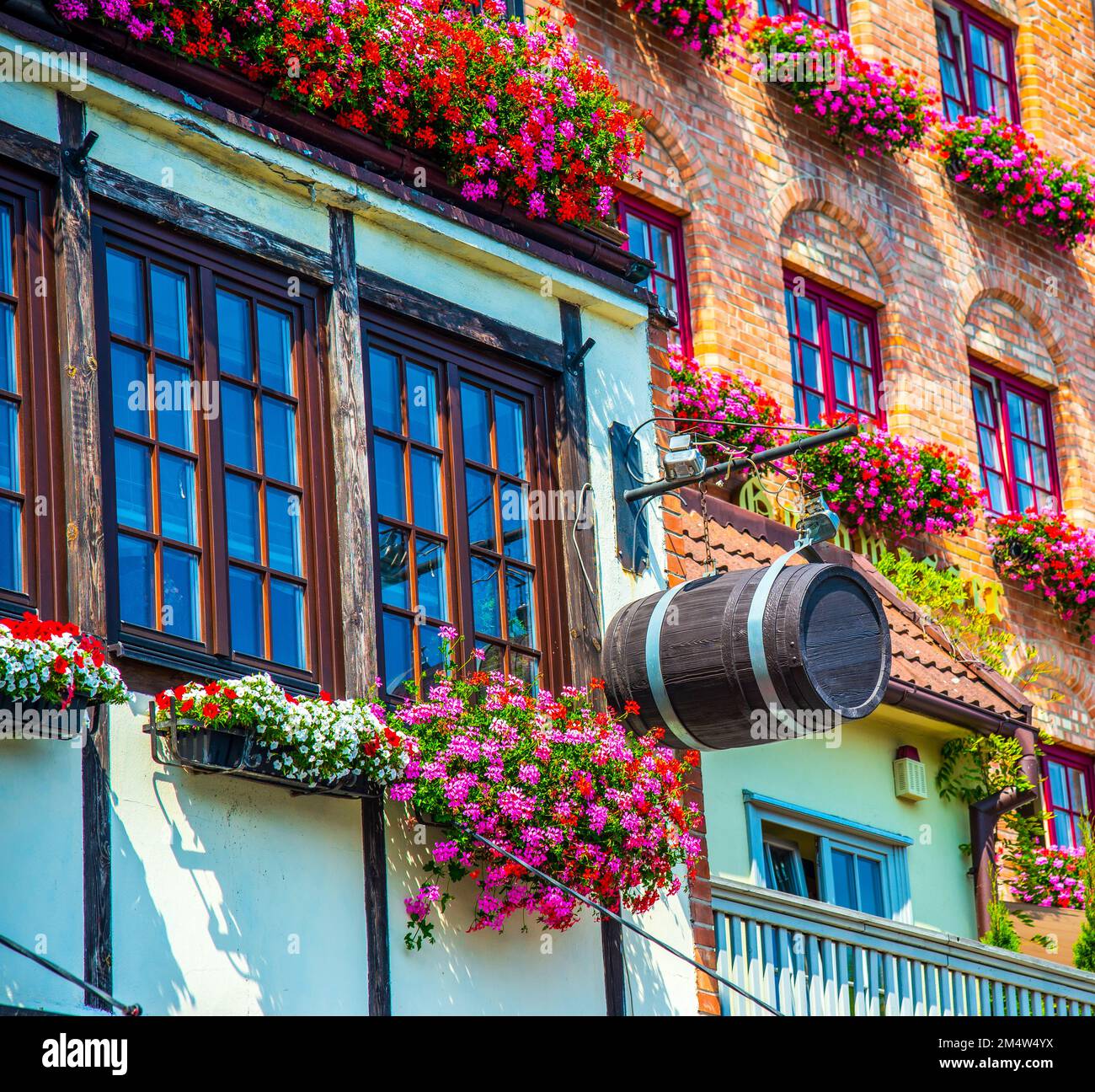 Gdansk, Poland - August 4, 2018: Facade of beautiful typical colorful ...