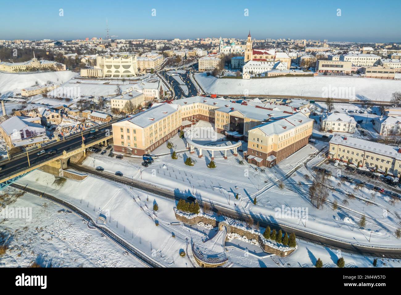 winter panoramic aerial view of a huge residential complex with high ...