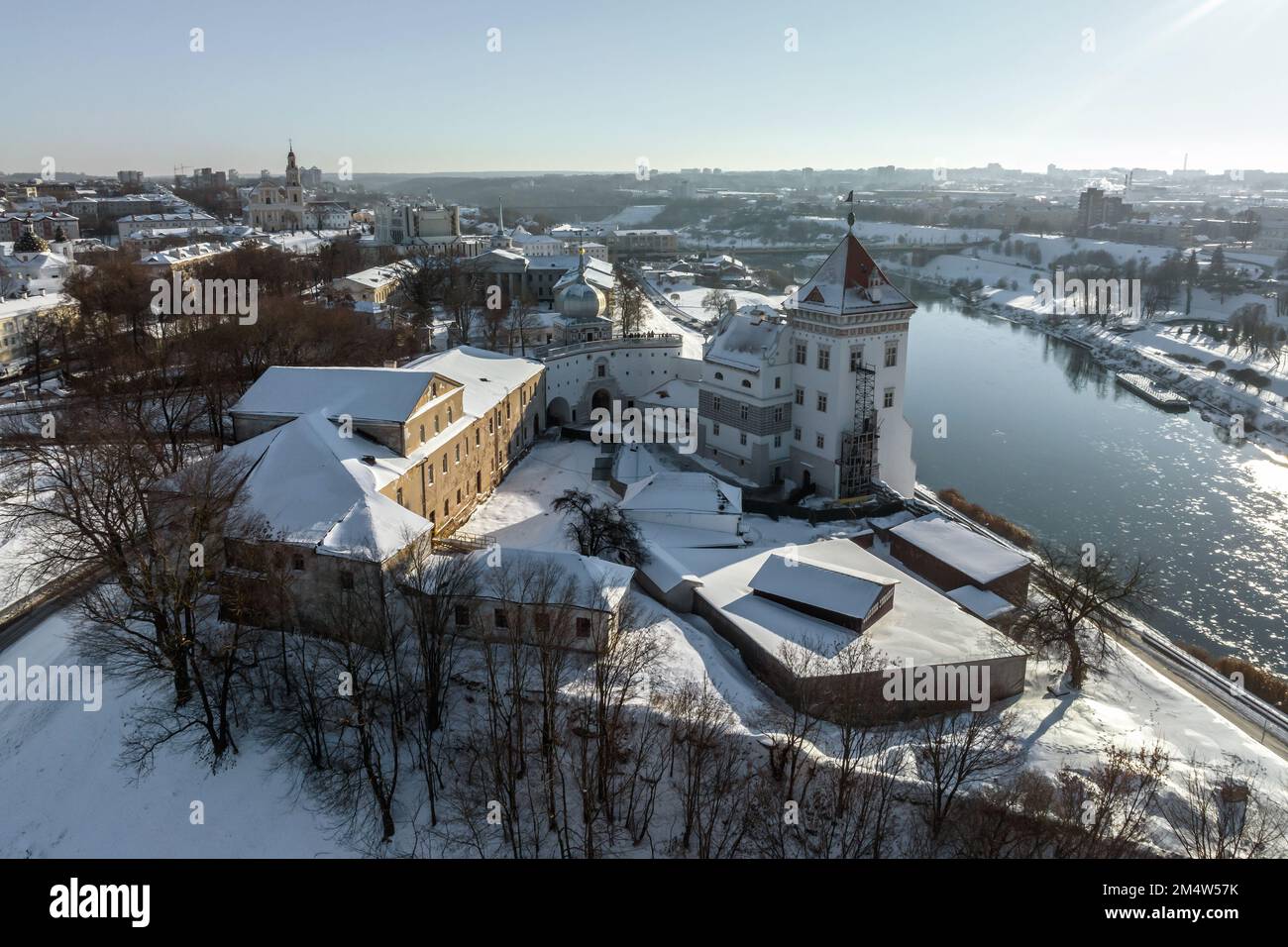 winter panoramic aerial view of a huge residential complex with high ...