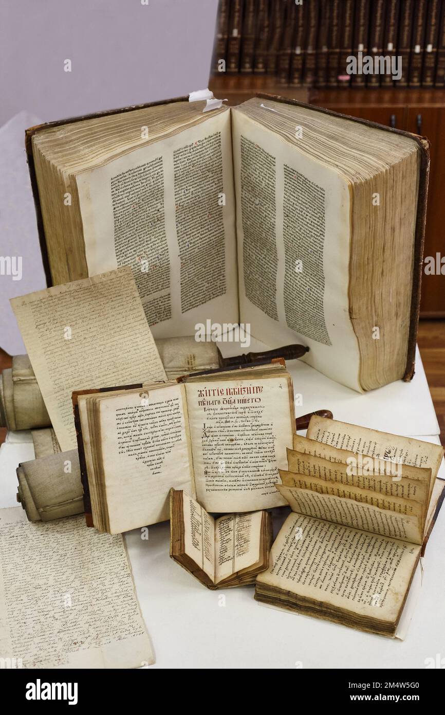 Still life with ancient books. Old religious Slavonic books with ...