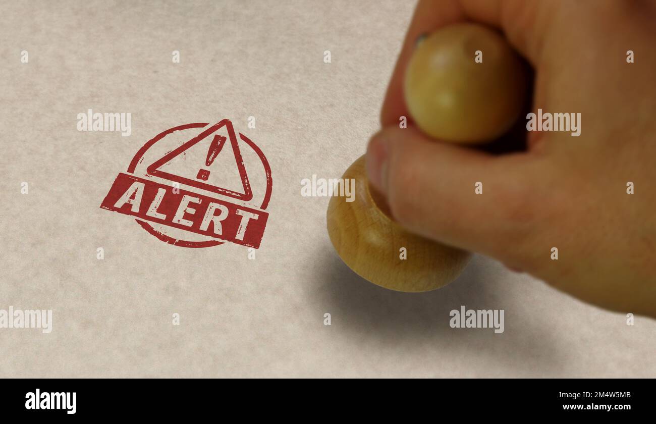 Alert stamp and stamping hand. Danger alarm, security warning caution ...