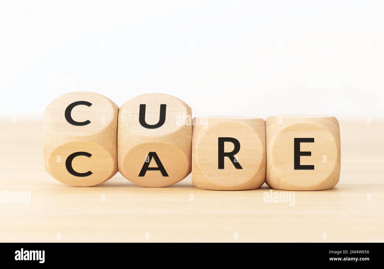 Care to cure concept.Text on wooden blocks and changing dices. Copy ...